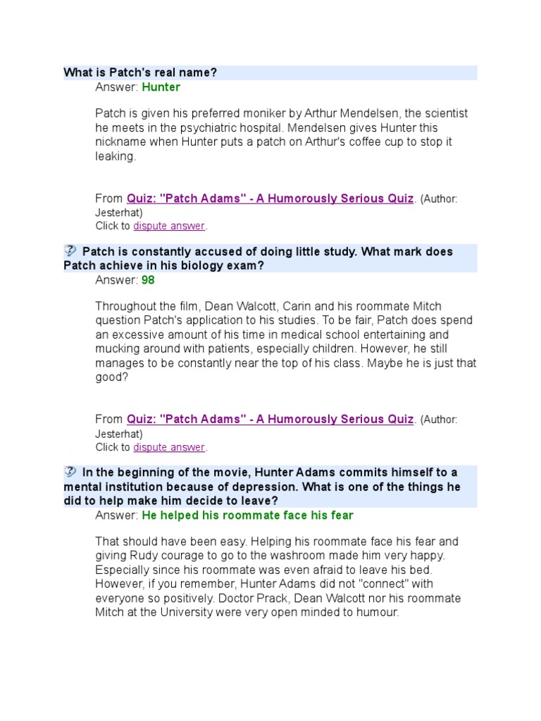 Patch Adams Questions and Answers | PDF | Hospital And Clinic | Wellness