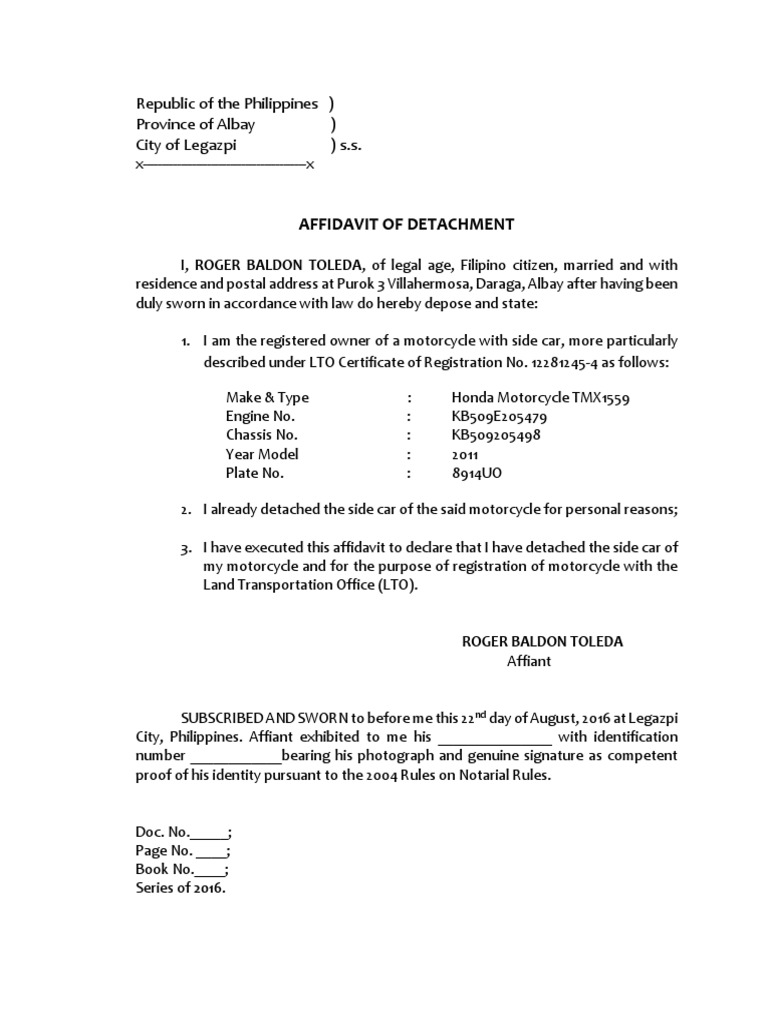 Affidavit of Motorcycle Detachment | PDF | Business