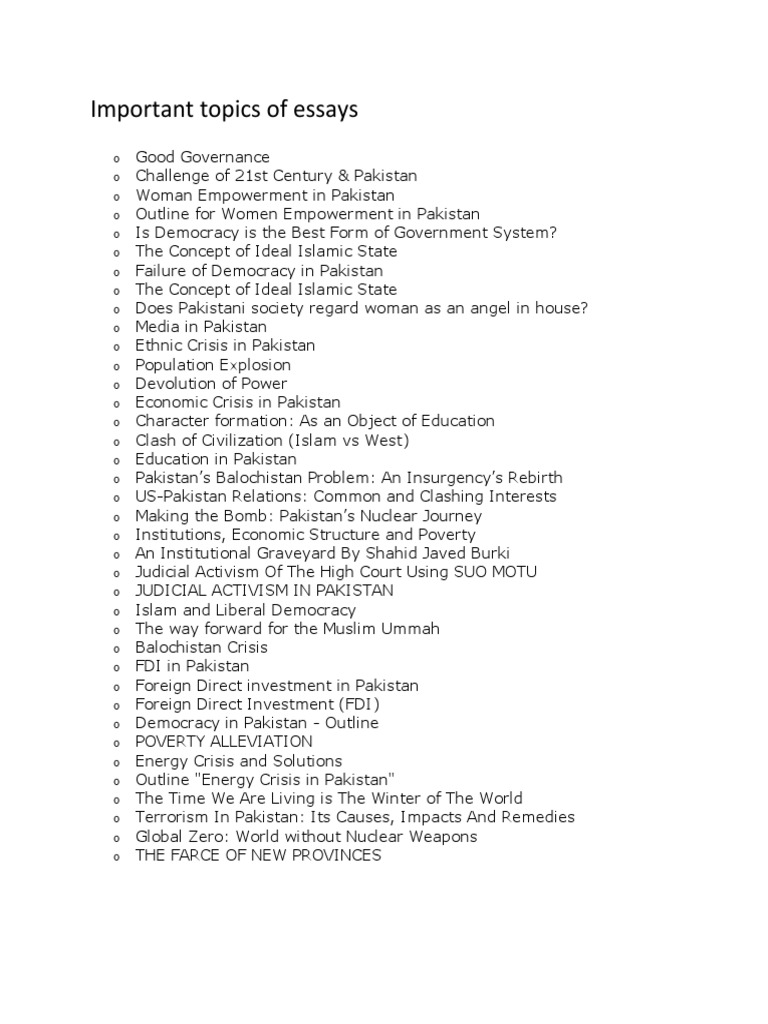 Important Topics of Essays | PDF | Politics