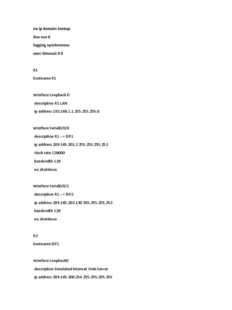 No Ip Domain-Lookup Line Con 0 Logging Synchronous Exec-Timeout 0 0 | PDF | Router (Computing ...