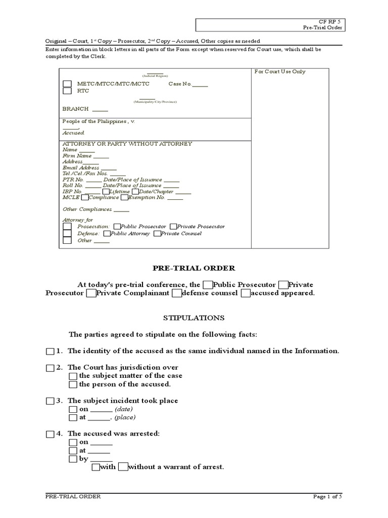 CF RP 5 Pre-Trial Order | Prosecutor | Lawsuit