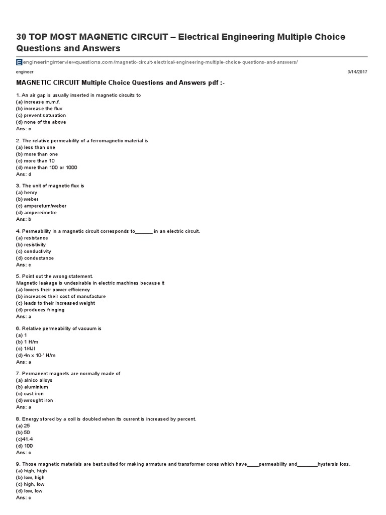 30 TOP MOST MAGNETIC CIRCUIT - Electrical Engineering Multiple Choice ...