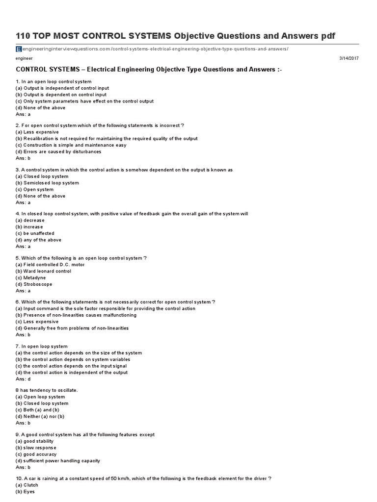 Control Systems Objective Questions PDF | PDF | Control System | Feedback