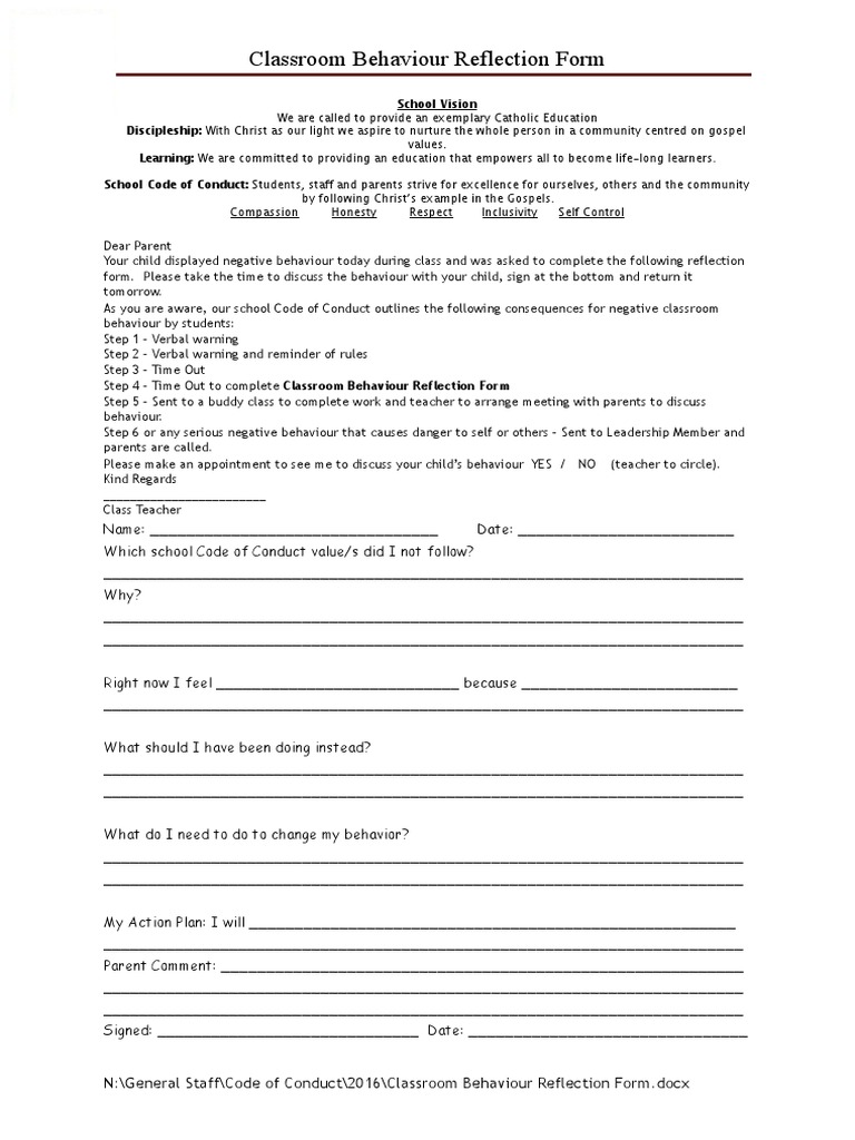 Classroom Behavior Reflection Form | PDF | Classroom | Behavior