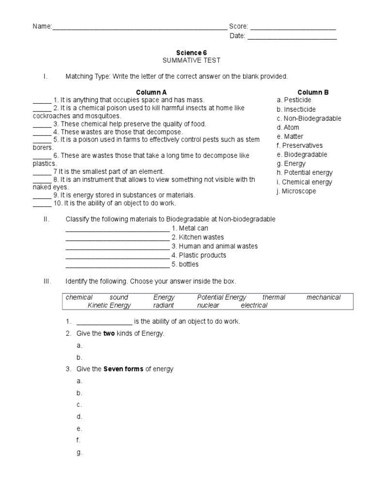 1st Summative Test Science 6 | PDF | Poison | Chemical Substances