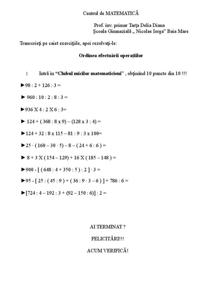 Matematica Ordinea Efectuarii Operatiilor | PDF