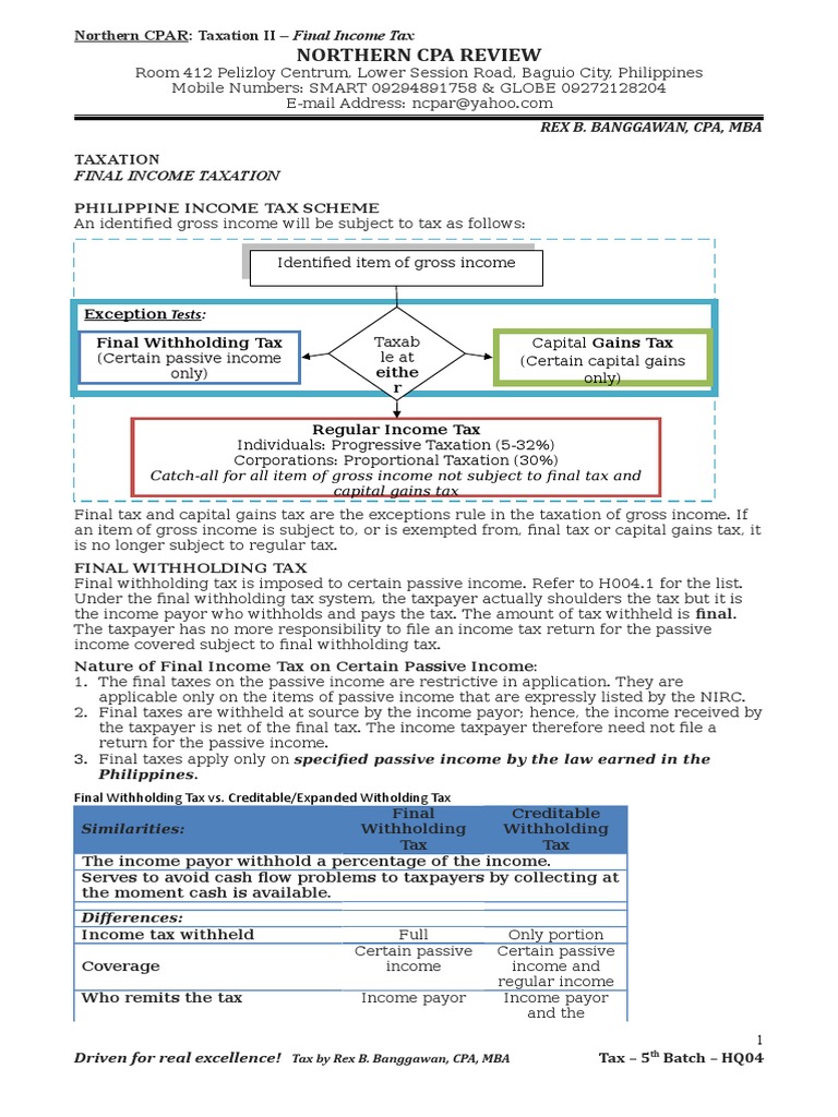 HQ04 - Final Income Taxation | PDF | Withholding Tax | Taxpayer