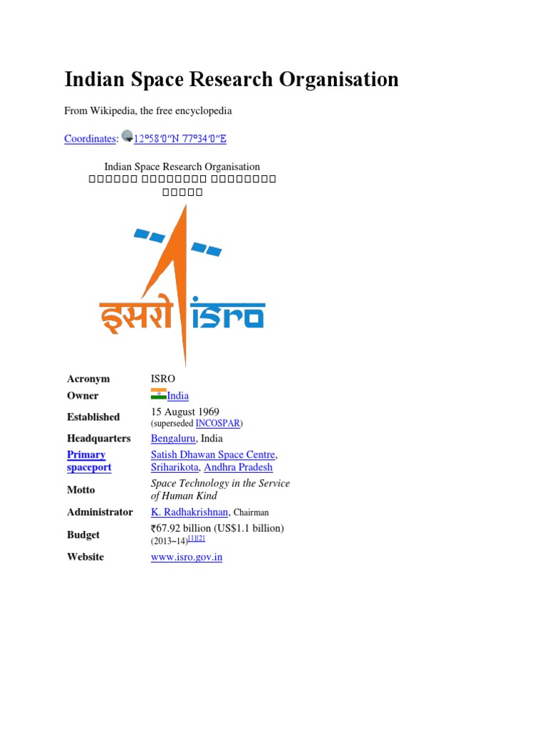 Indian Space Research Organisation | PDF | Satellite | Space Exploration