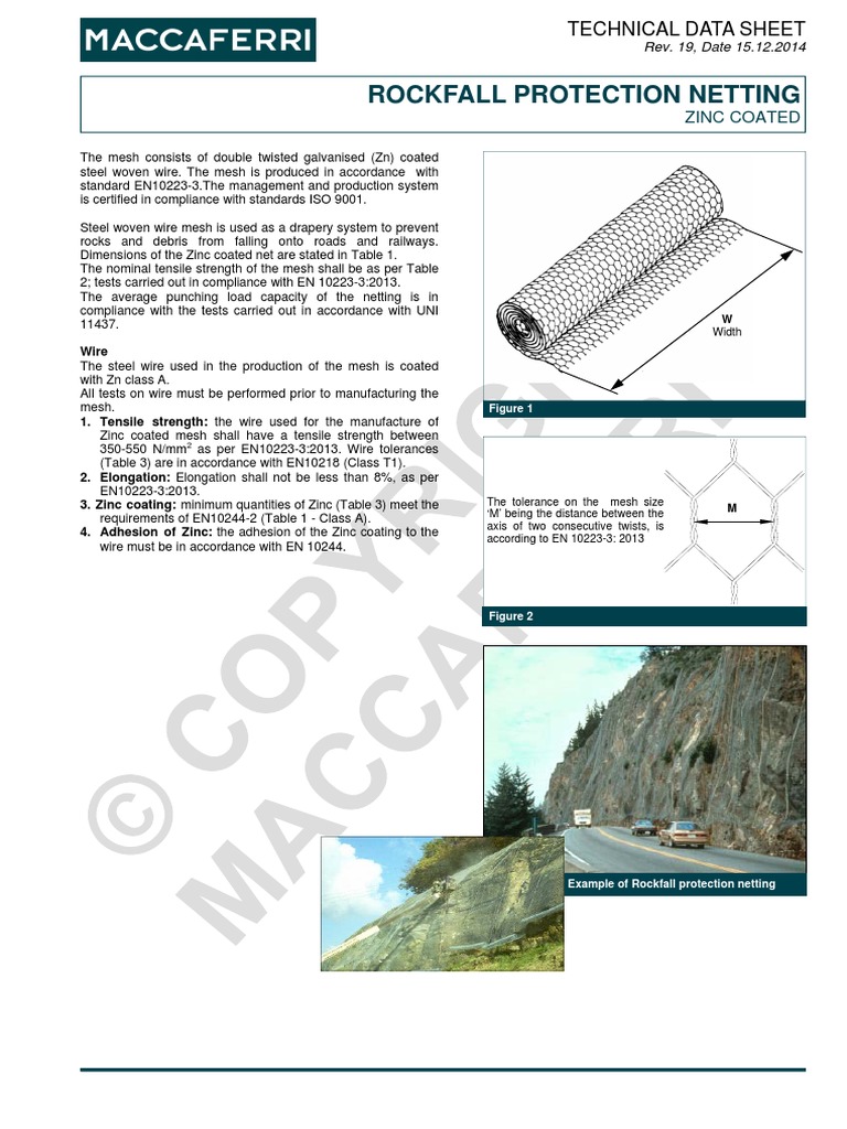Rockfall protection netting technical data sheet | PDF | Zinc | Wire