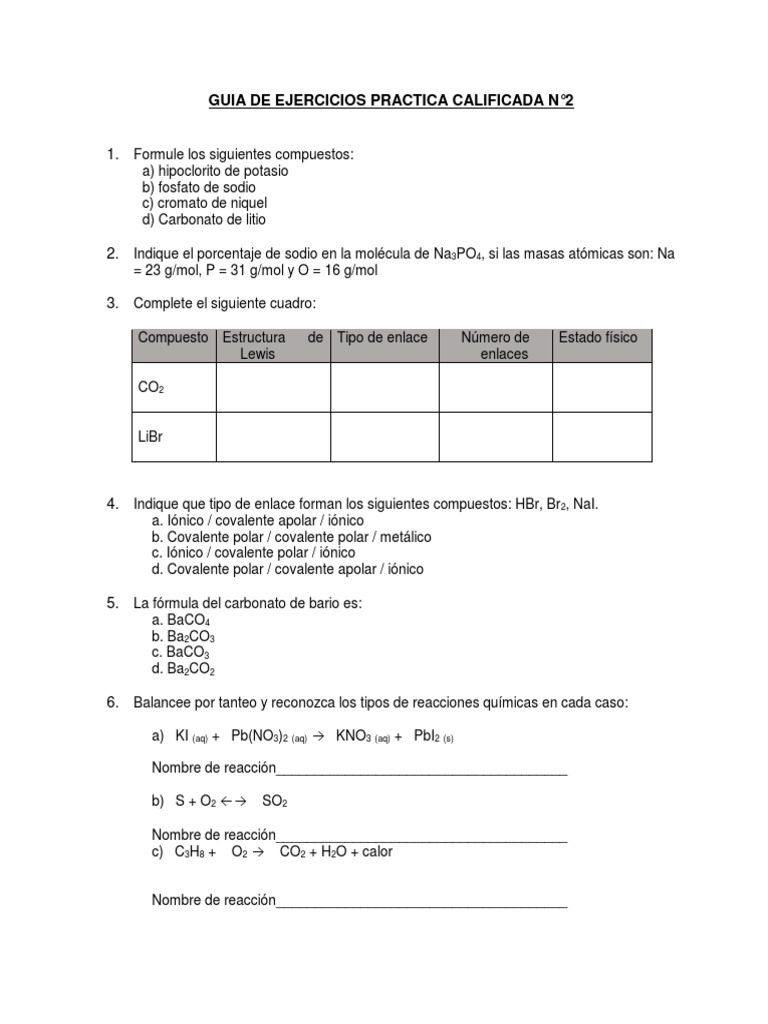 Química - Práctica Calificada (Guía de Ejercicios) | Redox | Polaridad ...