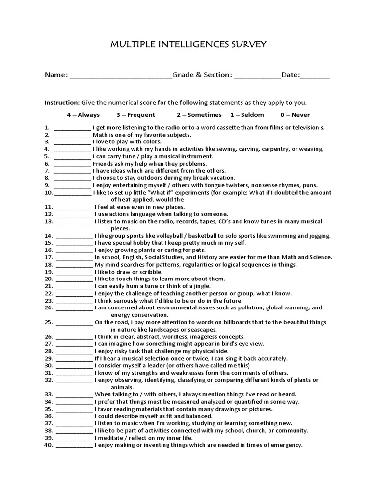 Student Multiple Intelligences Survey | PDF | Cognition | Cognitive Science