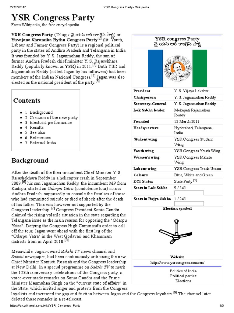 YSR Congress Party - Wikipedia | PDF | Politics Of India | Political ...