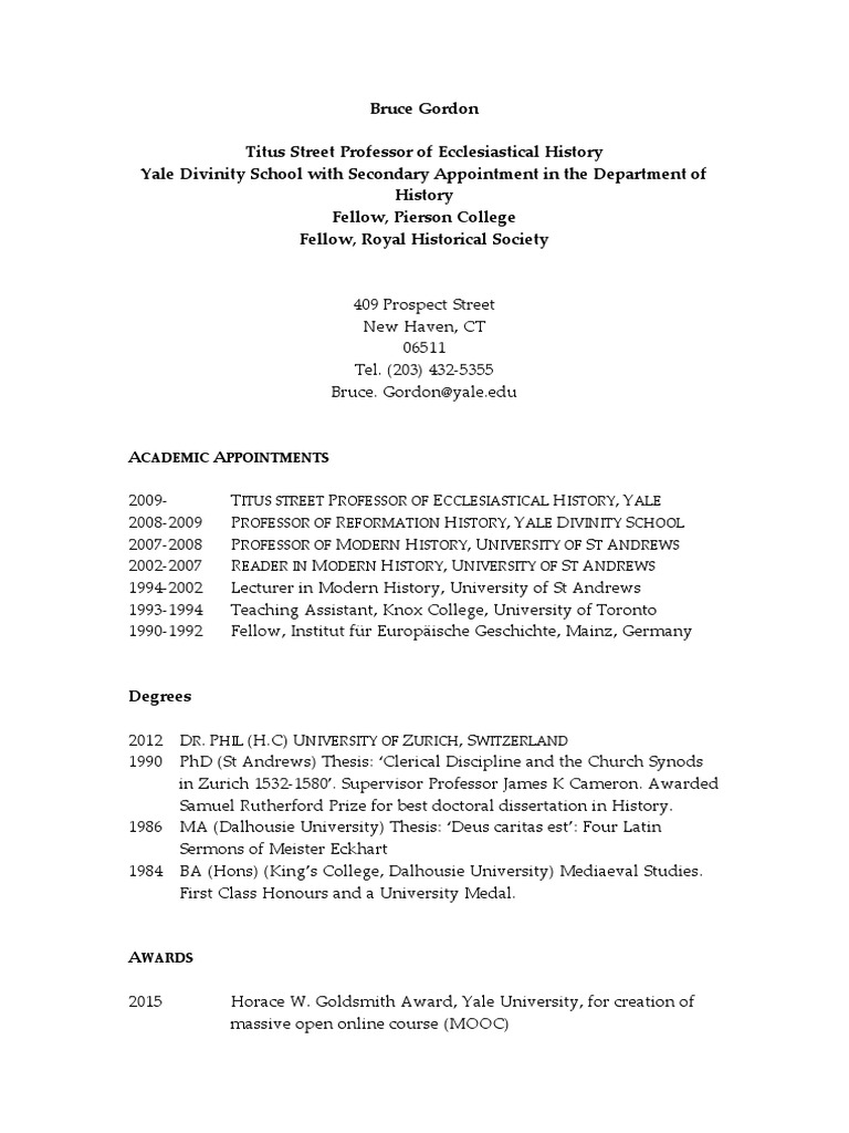 Bruce Gordon CV 2017 | PDF | John Calvin | Protestantism