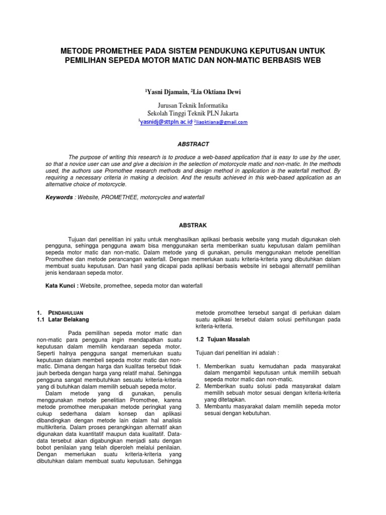 Metode PROMETHEE Pada SPK Dalam Pemilihan Sepeda Motor | PDF