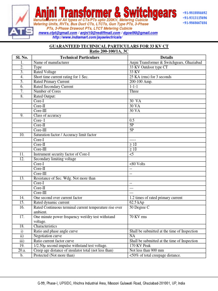 Technical Specs for 33 KV CTs | PDF | Insulator (Electricity) | Transformer