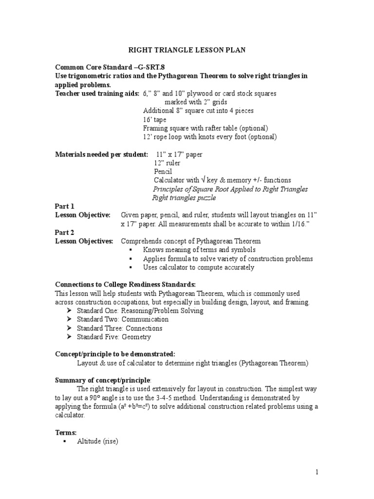 Right Triangle Lesson Plan | PDF | Triangle | Trigonometry