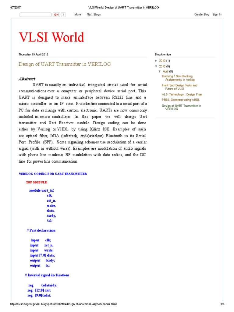 VLSI World - Design of UART Transmitter in VERILOG | PDF | Transmitter ...