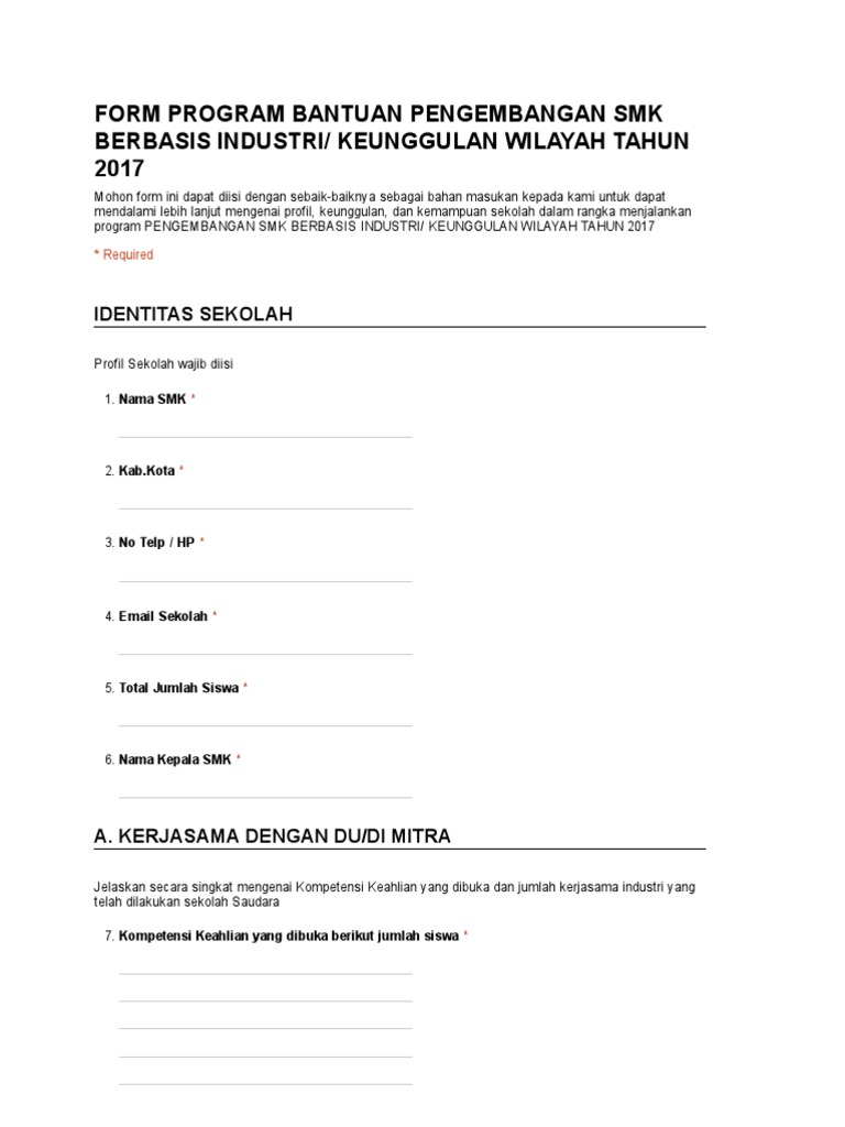 Contoh Format Pendataan Calon SMK Berbasis Industri - Google Forms | PDF