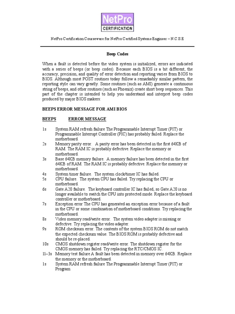 Beep Codes | PDF | Bios | Troubleshooting