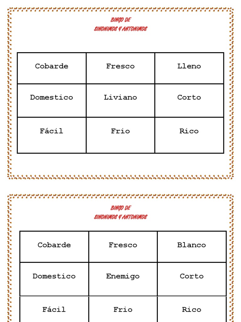 BINGO DE sinonimos y antonimos 2°