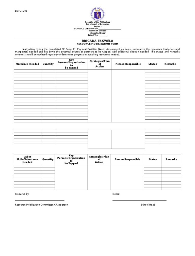 BE Form 3 - RESOURCE MOBILIZATION FORM (1).doc | Schools | Further ...