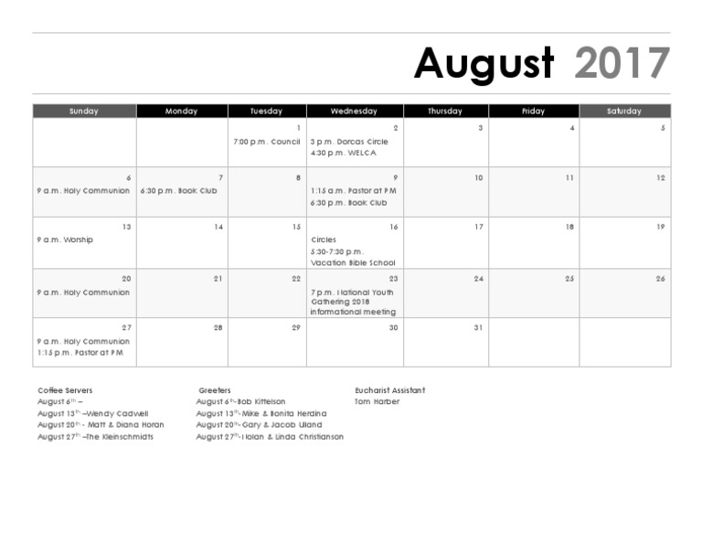 Calendar August 2017 | PDF