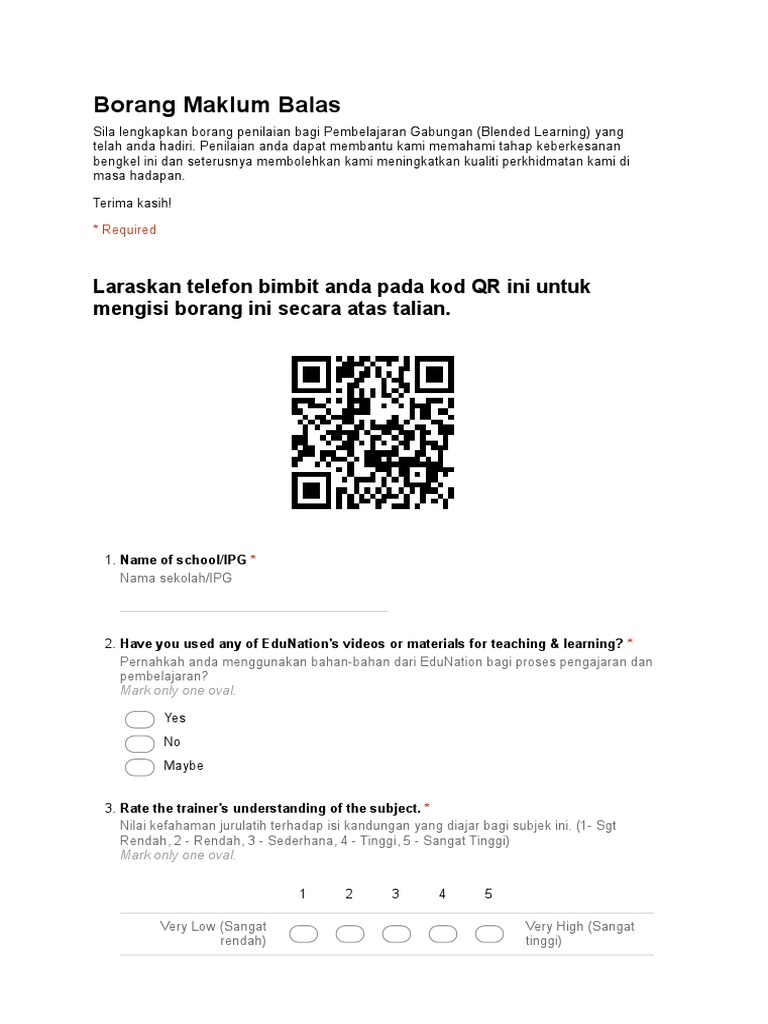 Borang Maklum Balas Bengkel Pembelajaran | PDF