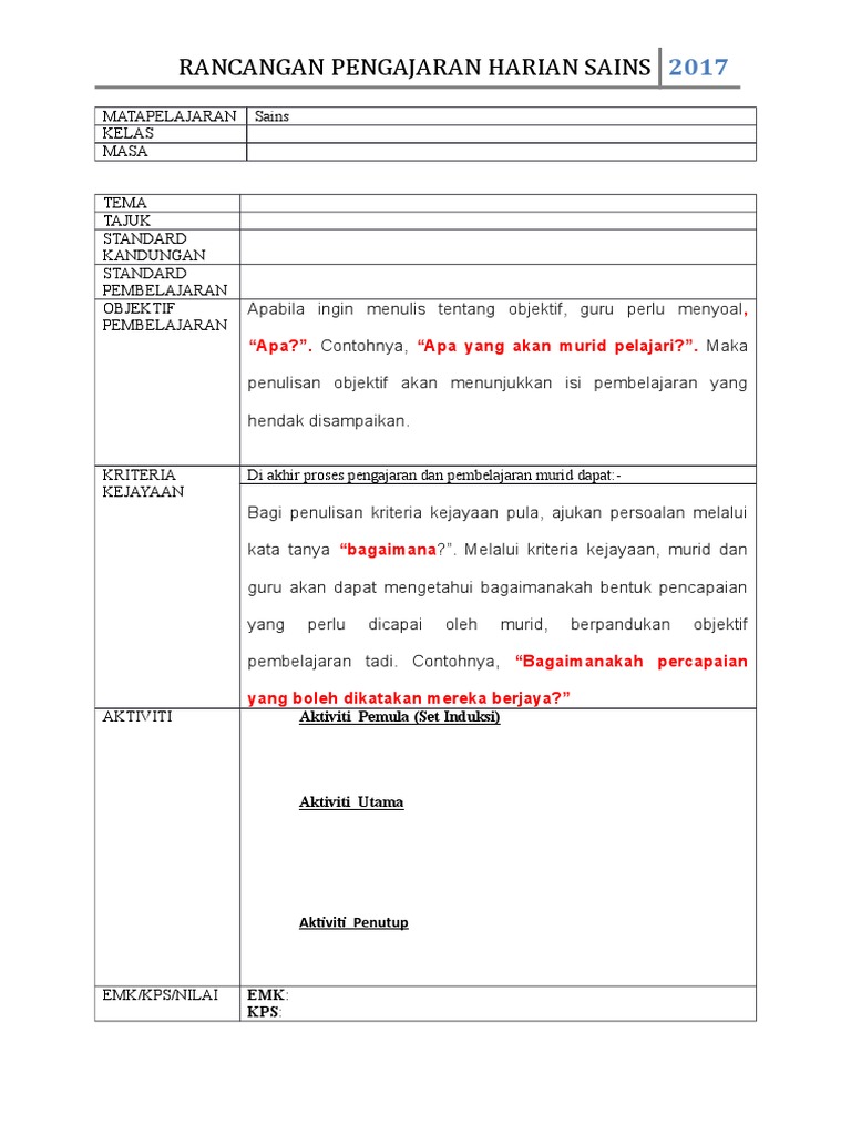 Template Contoh RPH Sains | PDF