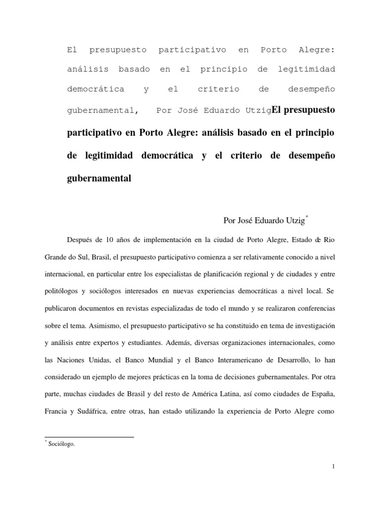 El Presupuesto Participativo en Porto Alegre (Eduardo Utzig) | PDF | Democracia | Ideologías ...