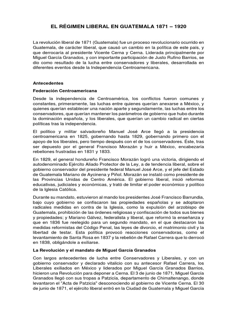 El Régimen Liberal en Guatemala 1871 | Guatemala | Gobierno