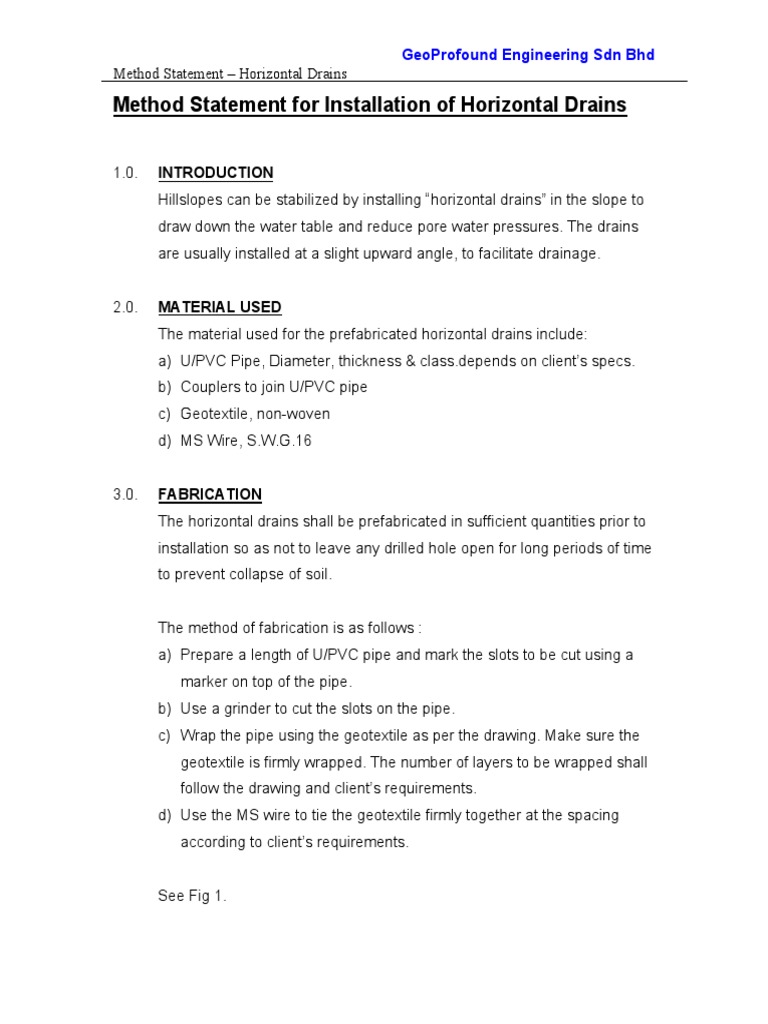Method Statement For Installation of Horizontal Drains: Geoprofound Engineering SDN BHD | PDF ...