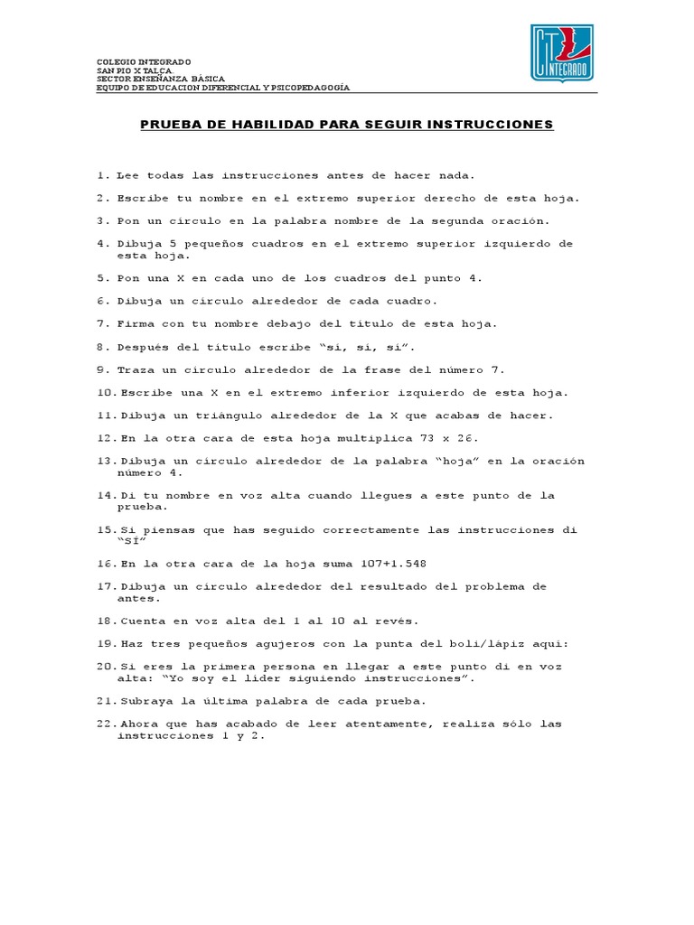 Prueba Seguimiento de Instrucciones 2017 | PDF