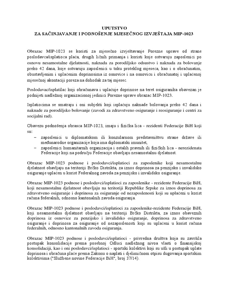 Uputstvo Za Sacinjavanje I Podnosenje Mjesecnog Izvjestaja MIP 1023 | PDF