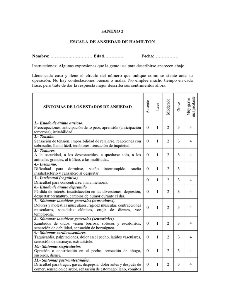 Escala de Valoracion de La Ansiedad de Hamilton (Has) | Depresión ...
