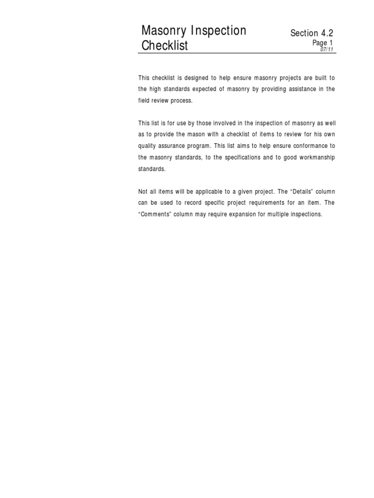 Masonry Inspection Checklist: Section 4.2 | PDF | Masonry ...