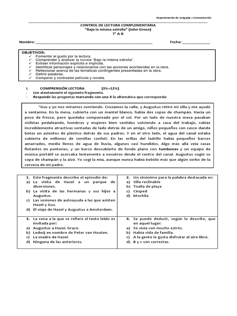 Control de Lectura: "Bajo la misma estrella" | PDF | Lectura (proceso)