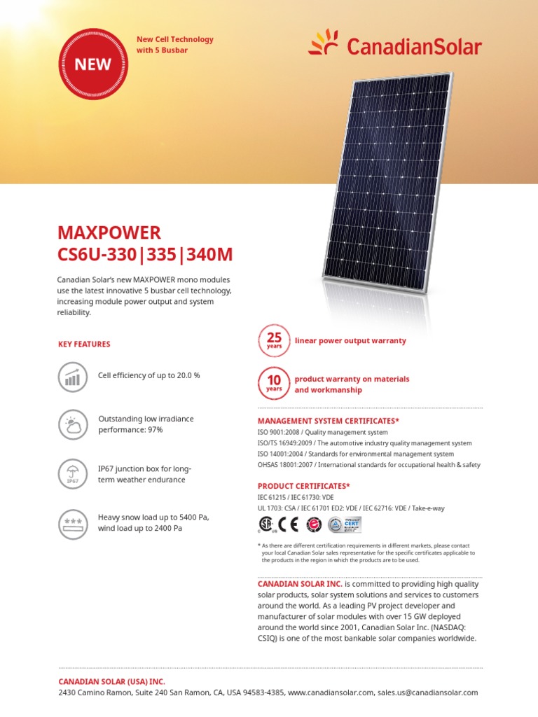 Canadian Solar Datasheet MaxPower CS6U M v5.51na | Manufactured Goods ...