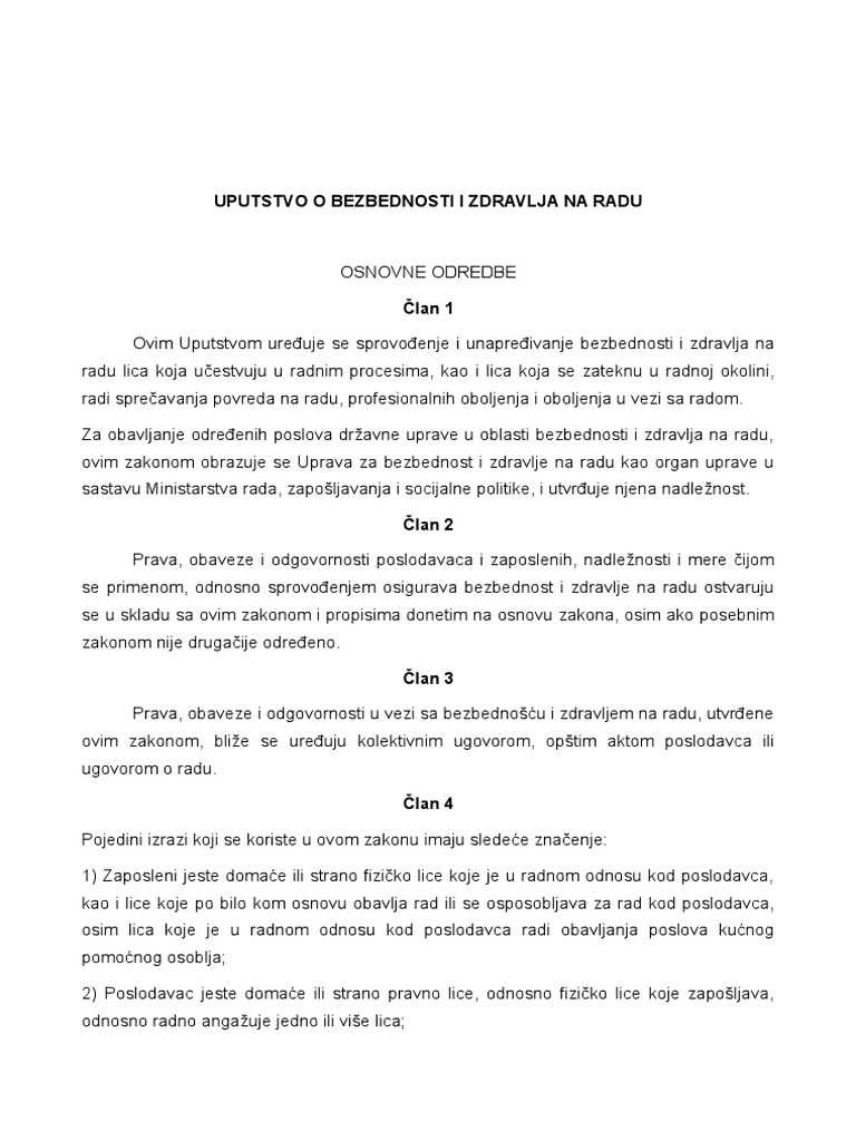 Uputstvo o Bezbednosti I Zdravlju Na Radu | PDF