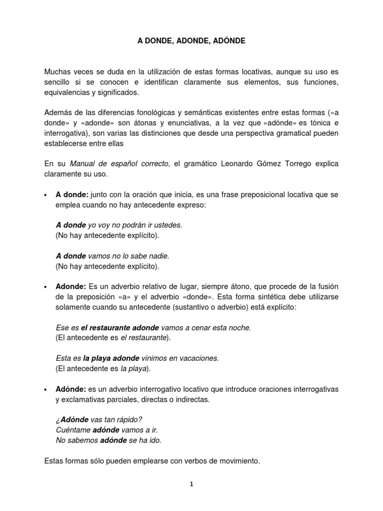 A Donde, Adonde, Adónde | PDF | Oración (Lingüística) | Adverbio