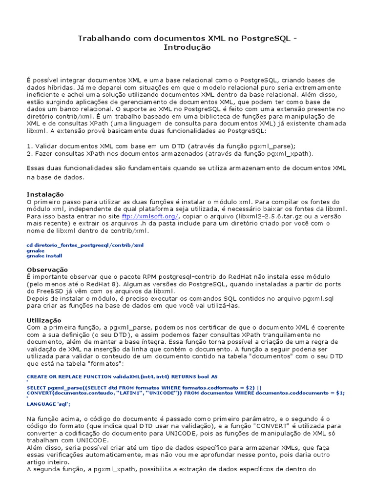 Integrando XML no PostgreSQL: Guia Prático | PDF | Postgre SQL | Dados