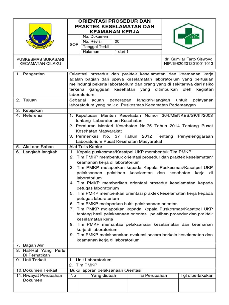 Sop 8.1.8. Ep 6 Orientasi Prosedur Dan Praktek Keselamatan Dan Keamanan Kerja PKM Sukasari | PDF