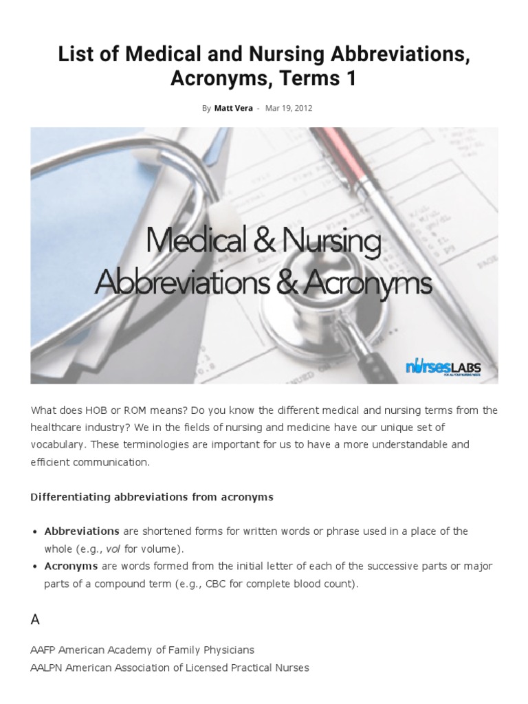 List of Medical and Nursing Abbreviations, Acronyms, Terms 1 ...