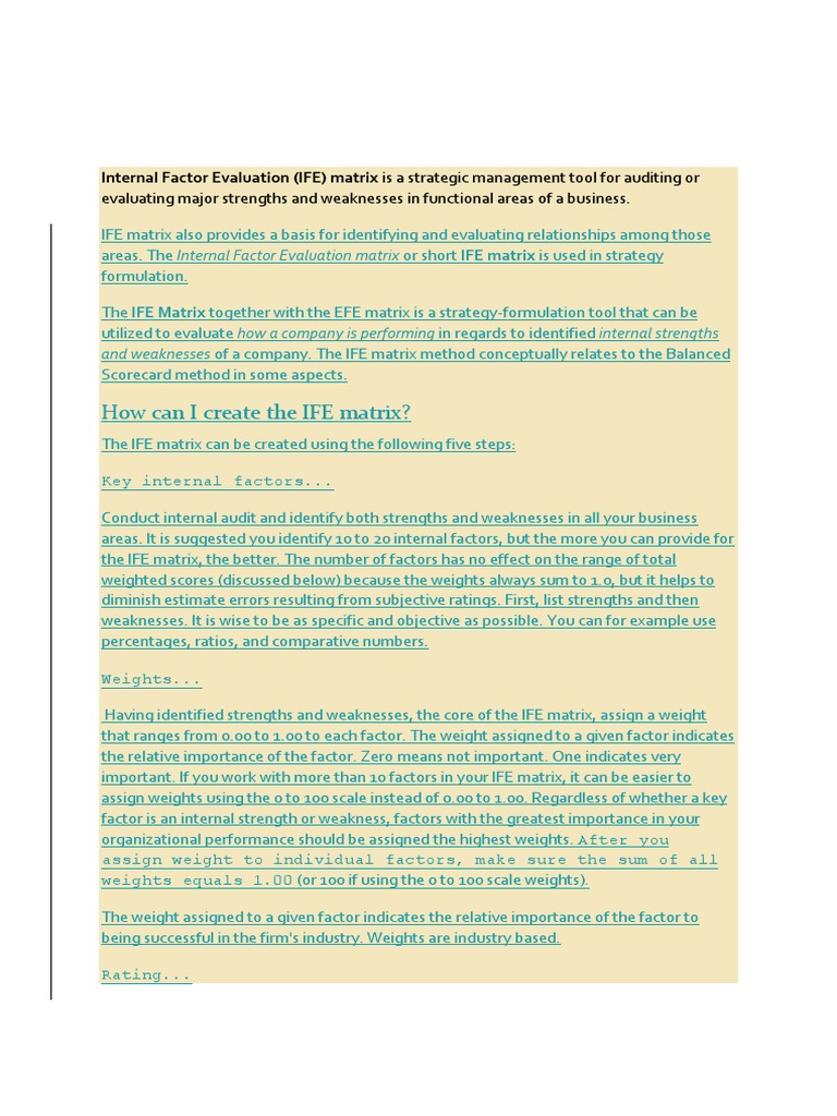 Internal Factor Evaluation Matrix Guide | PDF | Swot Analysis ...