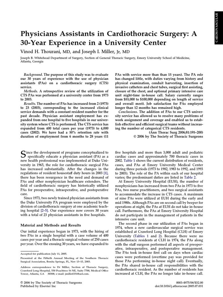 Physicians Assistants in Cardiothoracic Surgery: A 30-Year Experience ...
