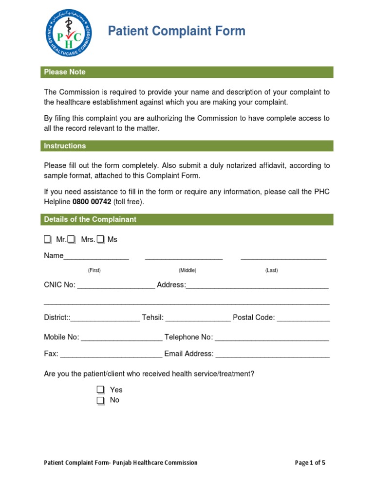 Patient Complaint Form: Please Note | PDF | Complaint | Patient