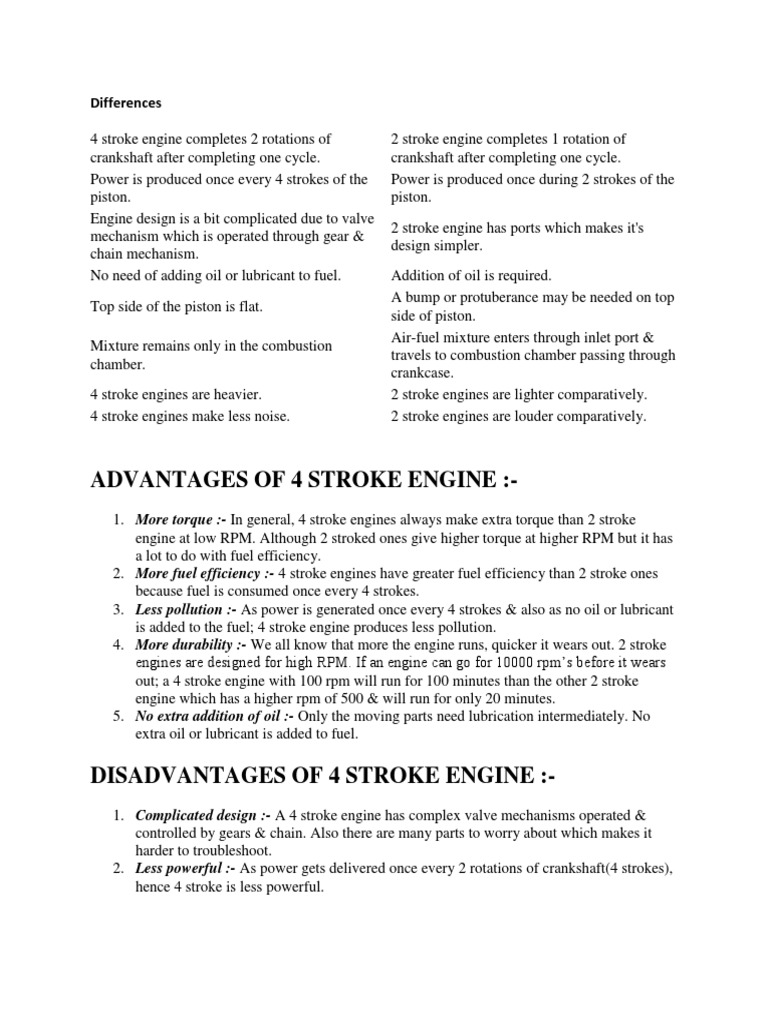 Advantages of 4 Stroke Engine:-: Differences | PDF | Internal ...