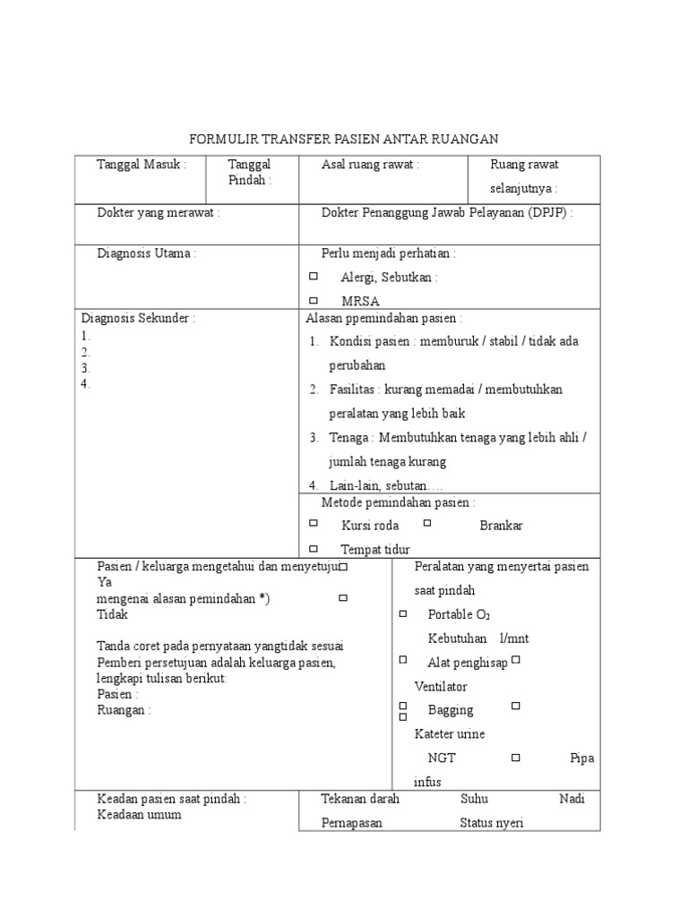 Formulir Transfer Pasien Antar Ruangan | PDF
