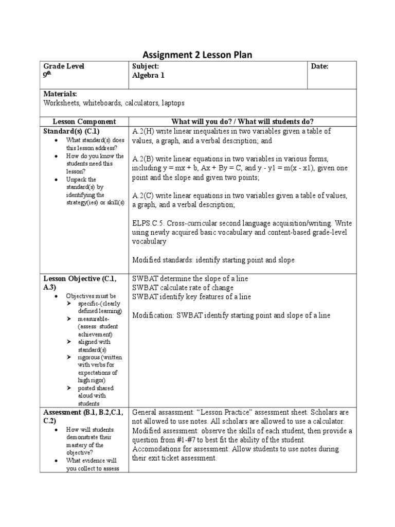 Assignment 2 Lesson Plan: Grade Level 9 Subject: Algebra 1 Date ...