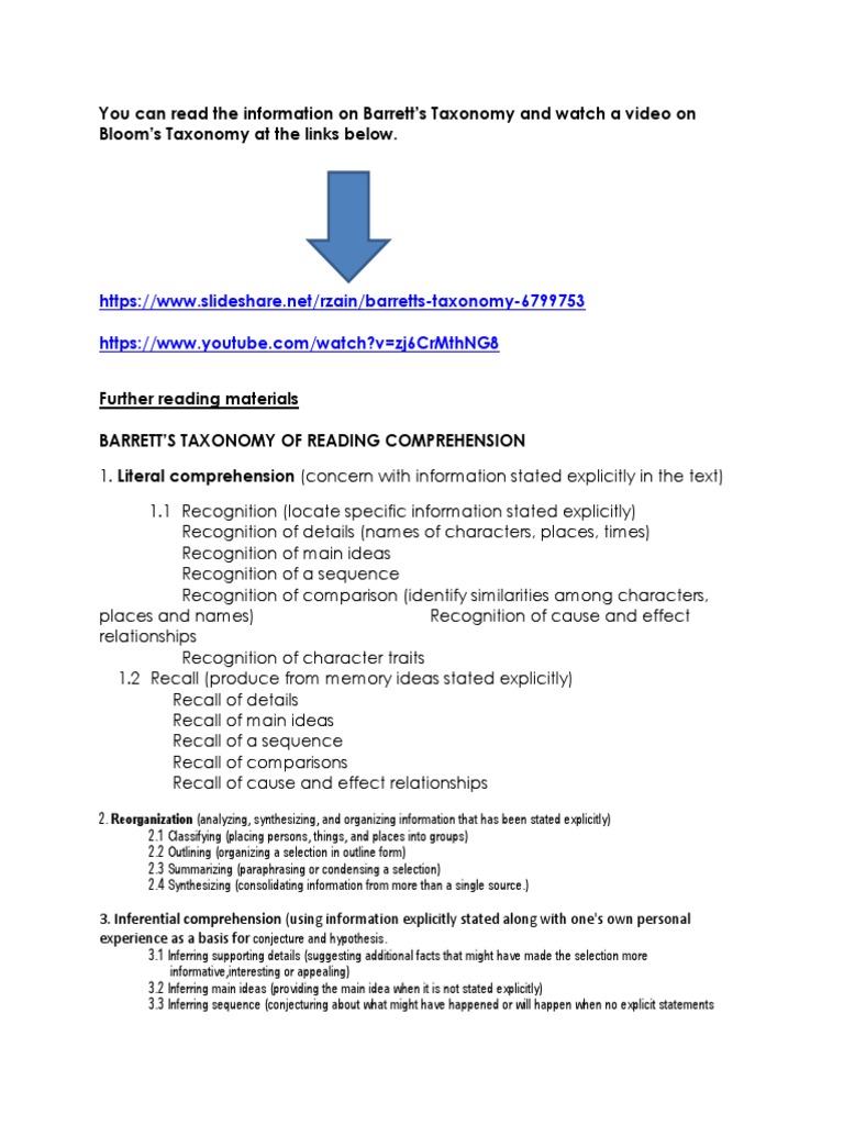 Barrett's and Bloom's Taxonomy | PDF | Reason | Recall (Memory)