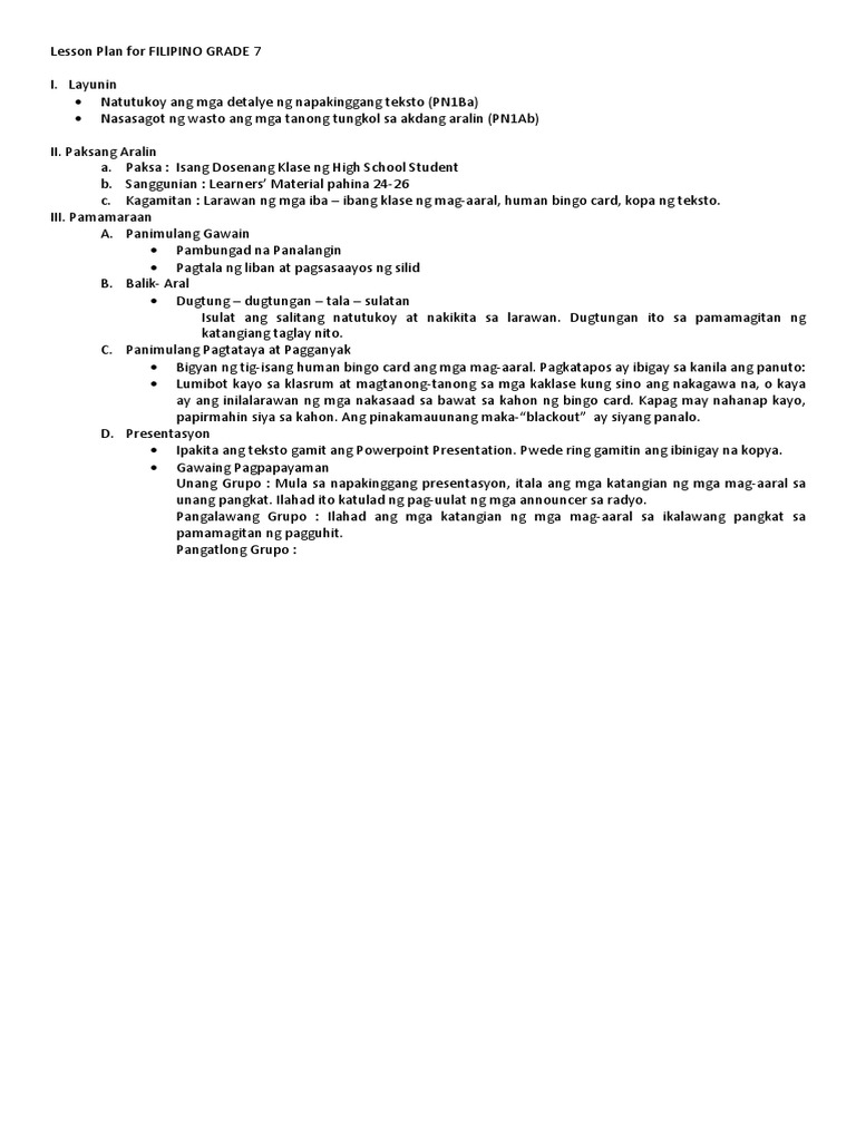 Lesson Plan For Filipino Grade 7 2017 | PDF